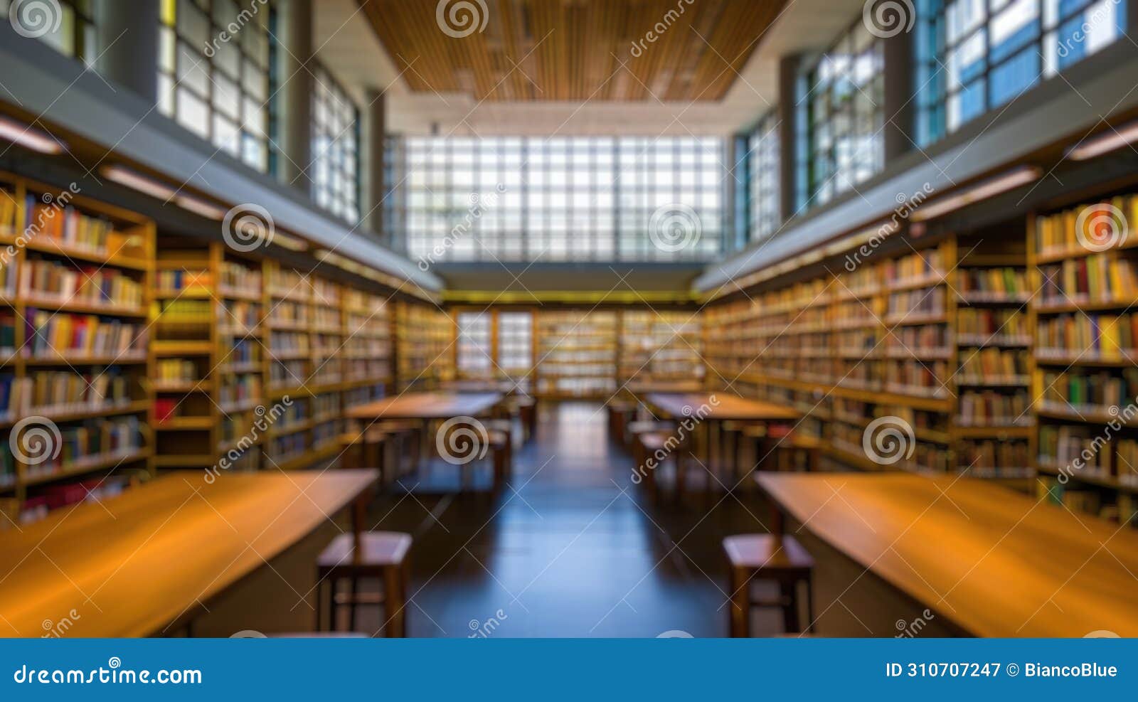Blurred Library Interior with Bookshelves and Tables. Resplendent ...