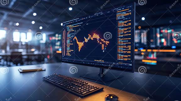 Blurred Modern Office with Bright Computer Display on Desk Stock ...