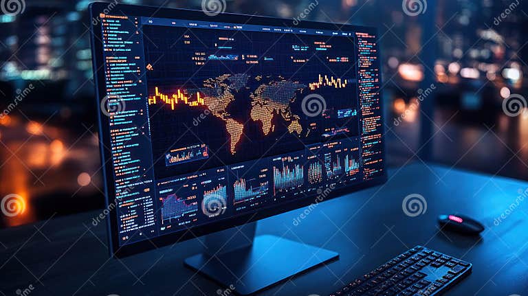 Blurred Modern Office with Bright Computer Display on Desk Stock ...