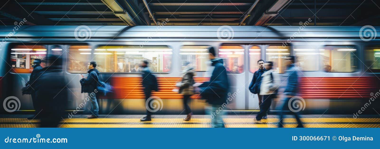 Blurred Motion Subway Train Arriving with Passengers in Foreground ...