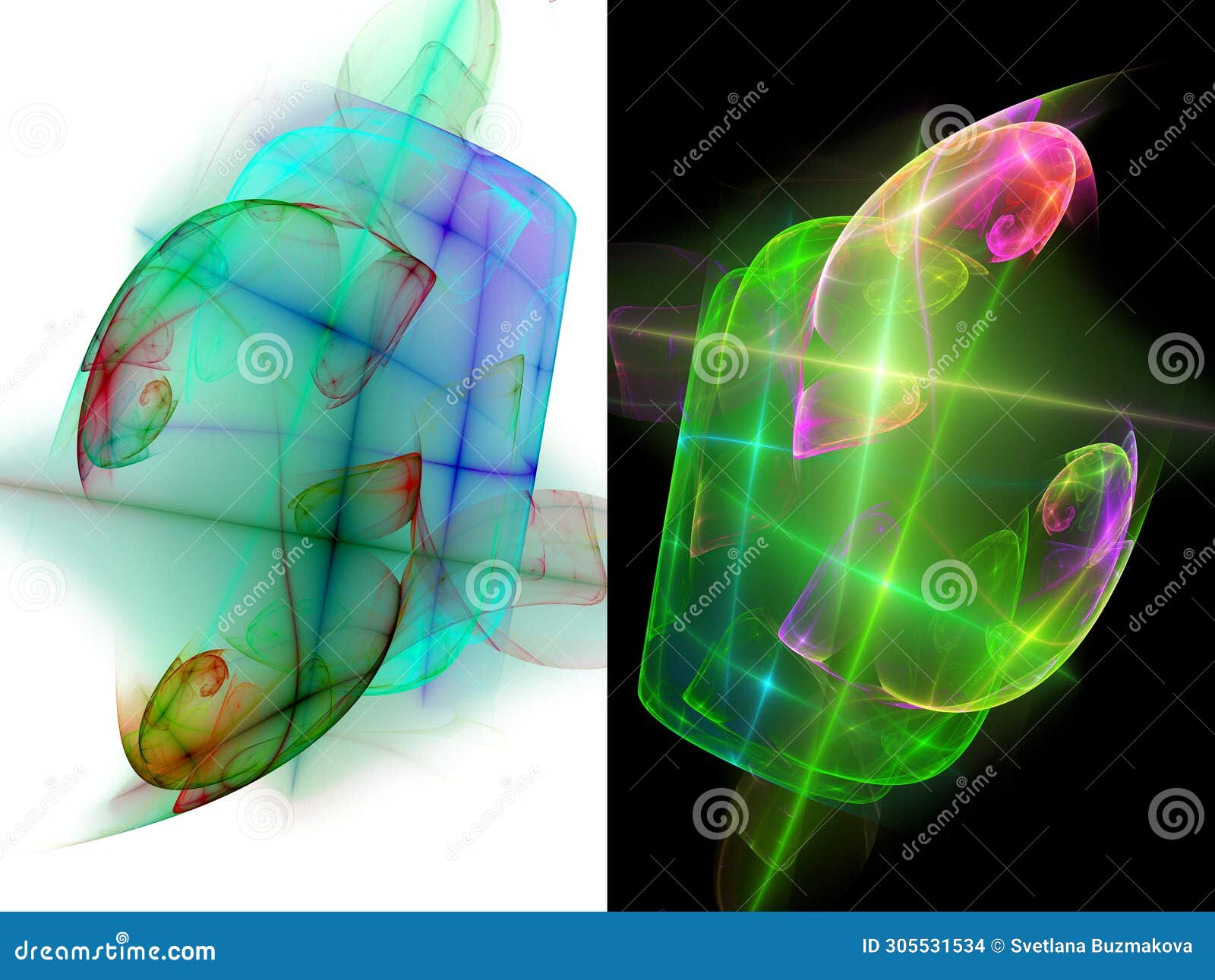 Blurred Objects with Glowing Rays and Spirals on White and Black ...