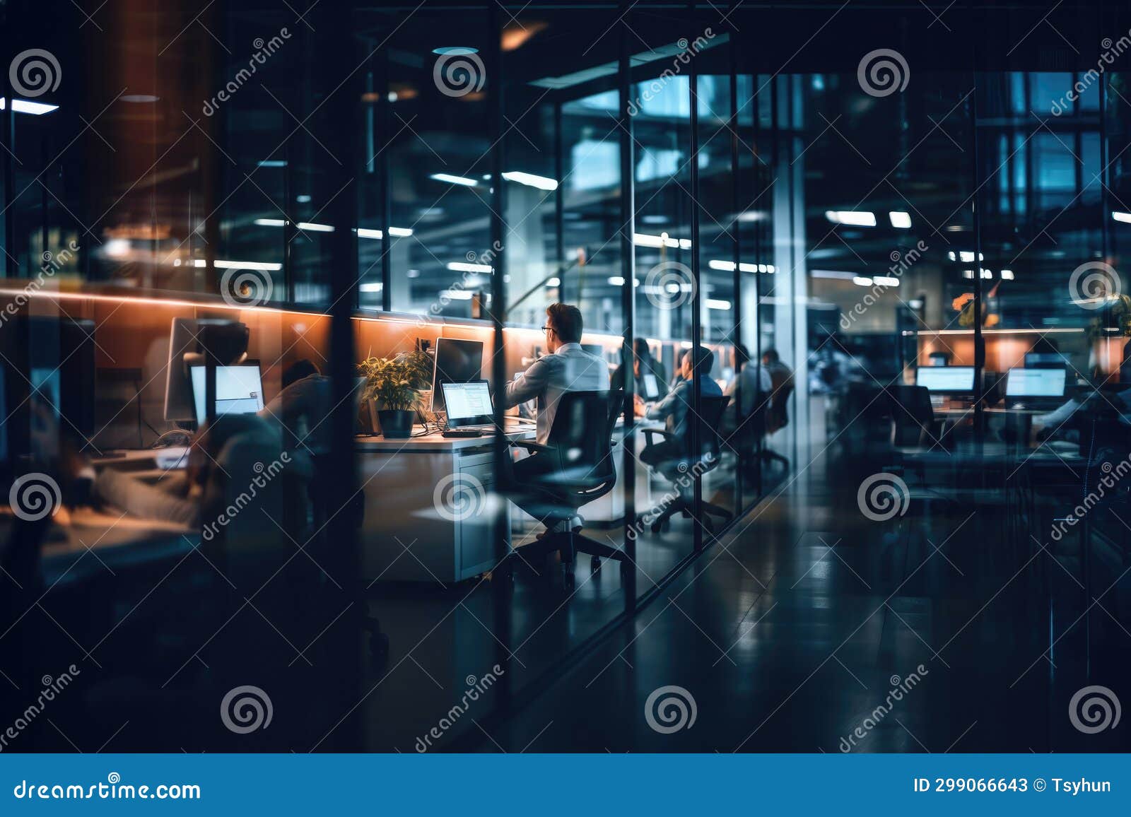 Blurred People in a Business Office with Glass Partitions Work on ...