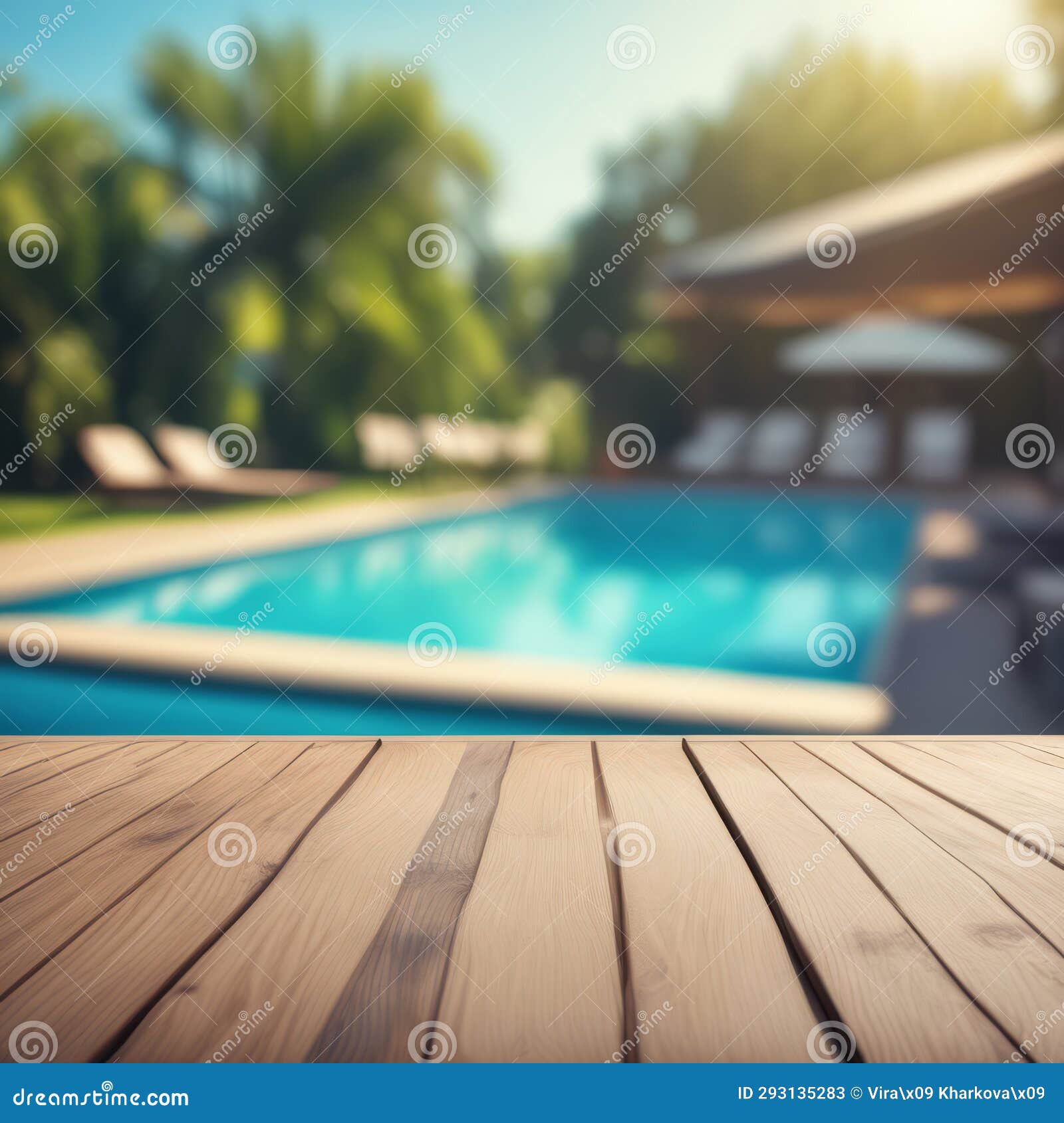 Blurred Pool Background with Wooden Table. Empty Wooden Table for ...