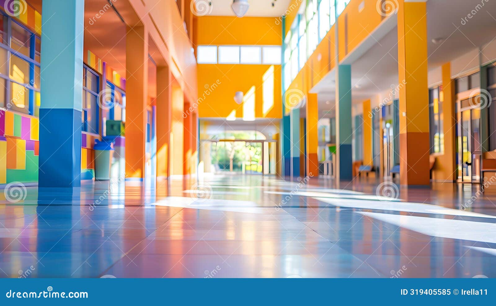 Blurred School Corridor Background with Orange and Blue Colors. Stock ...