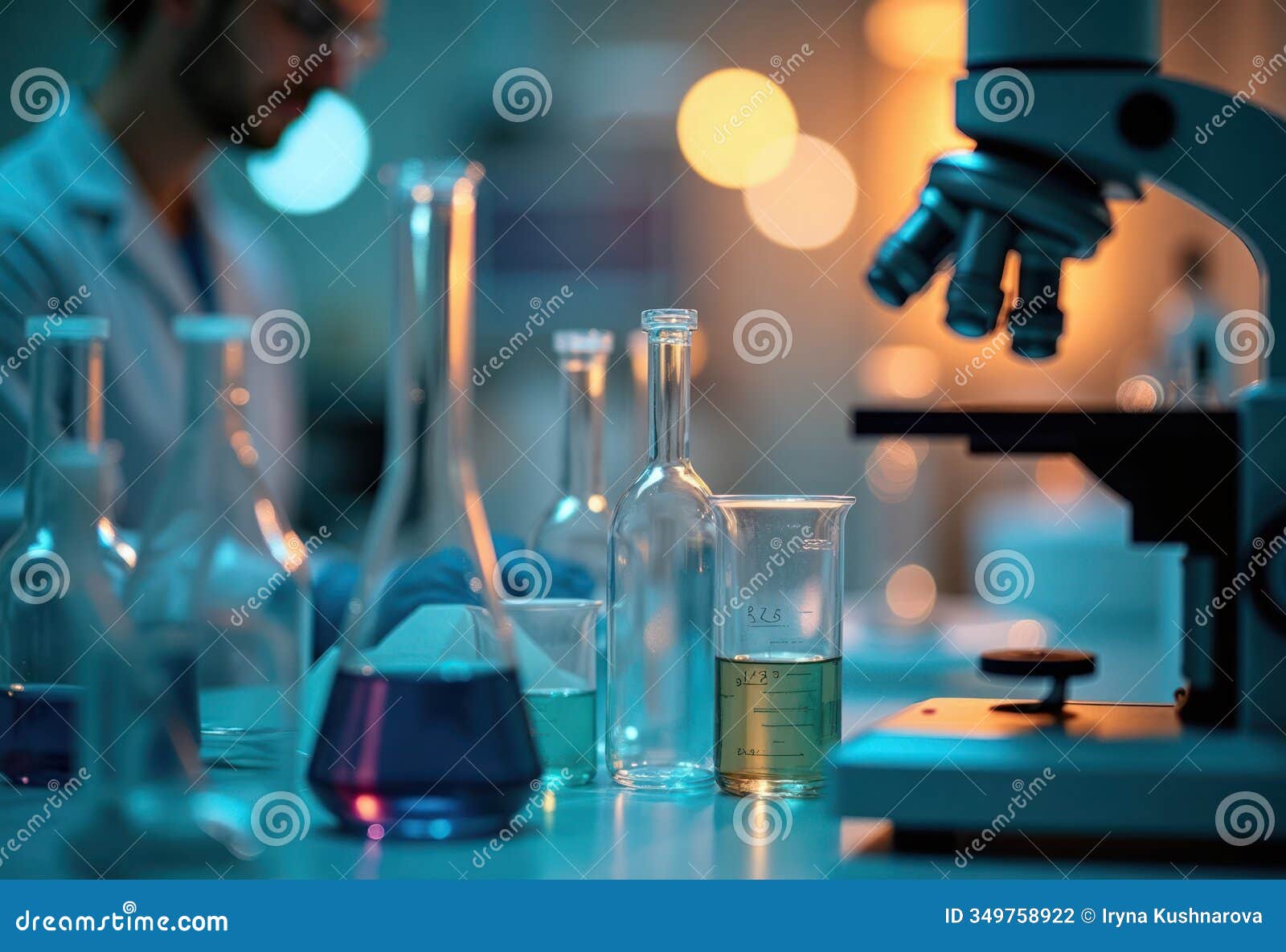 Blurred Science Lab Interior Shows Scientist Working with Beakers ...