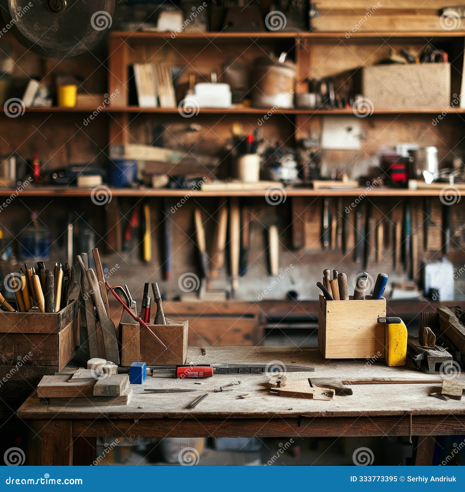 Blurred View of Workbench with Tools and Instruments in a Carpenter ...