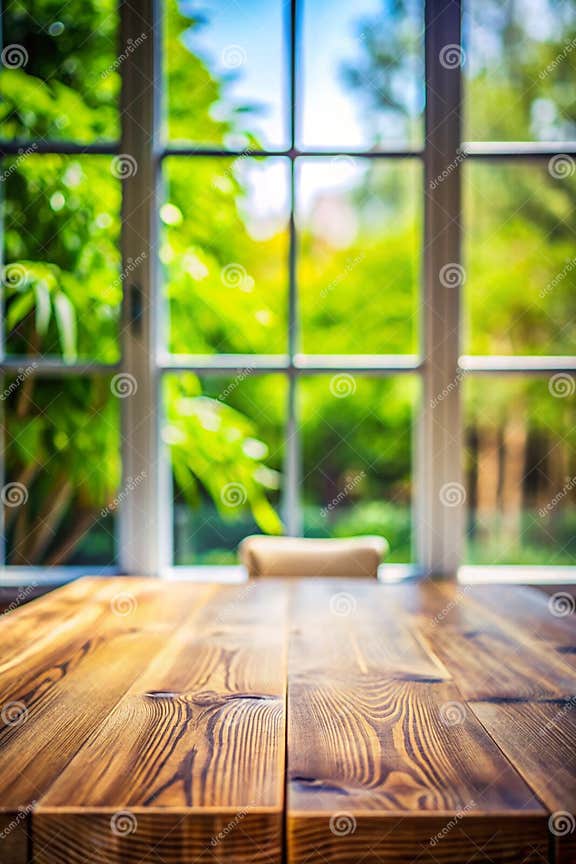Blurred Window Background with Wooden Table in Foreground Stock ...