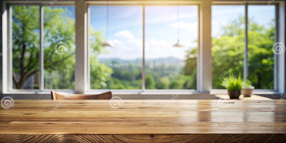 Blurred Window Background with Wooden Table in Foreground Stock ...