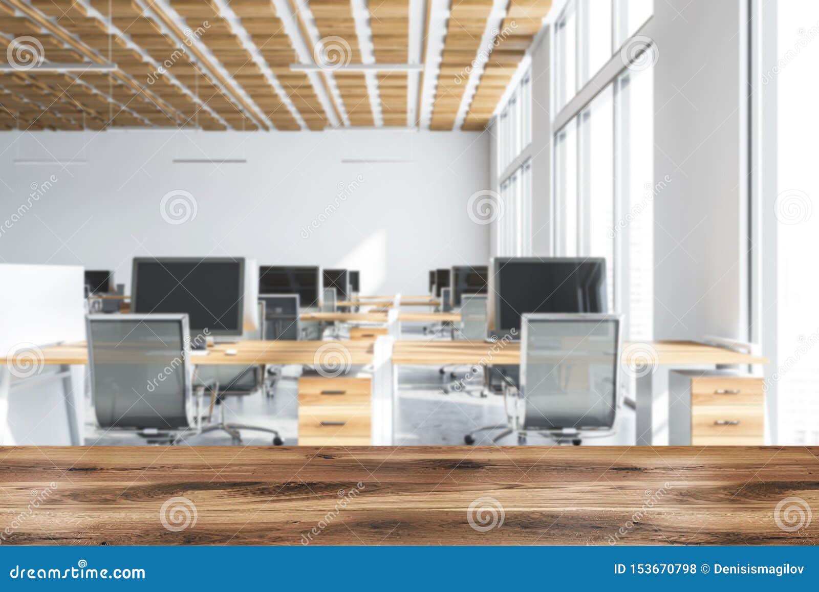 Blurred Wooden Ceiling Open Space Office Interior Stock Illustration ...