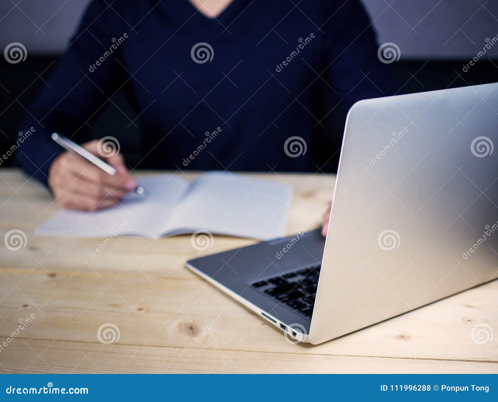 Blurred of Working Table Desk with Man Writing Notes, Study and Work ...