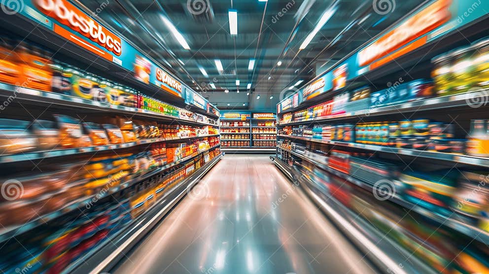 Blurry and Bright Interior of a Spacious, Open Grocery Store with a ...
