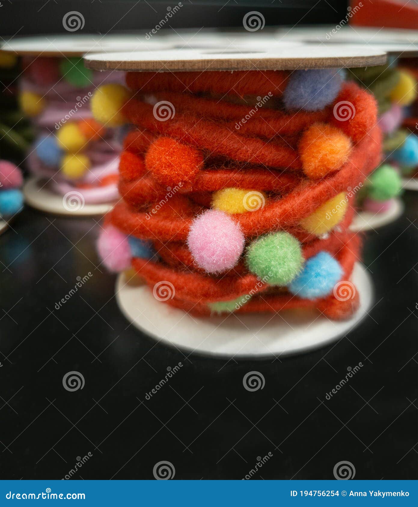 Blurry Decorative Fluffy Colored Threads with Multicolored Balls Stock ...