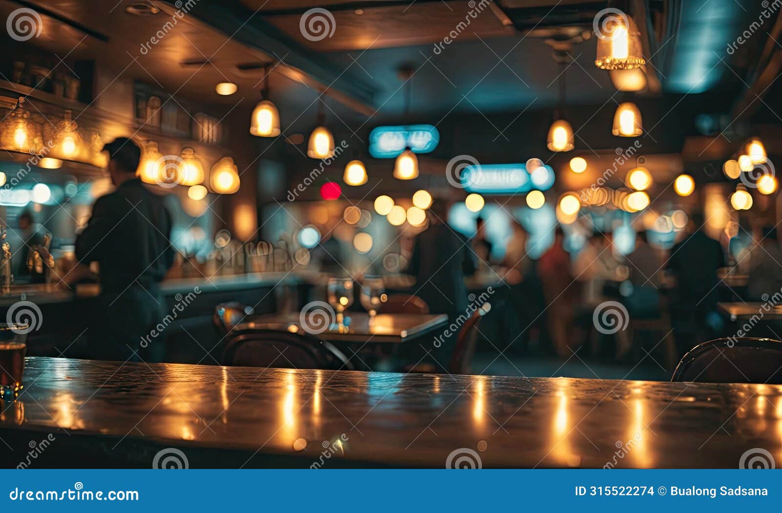 A Blurry Image of a Restaurant with People Sitting at Tables and a Bar ...