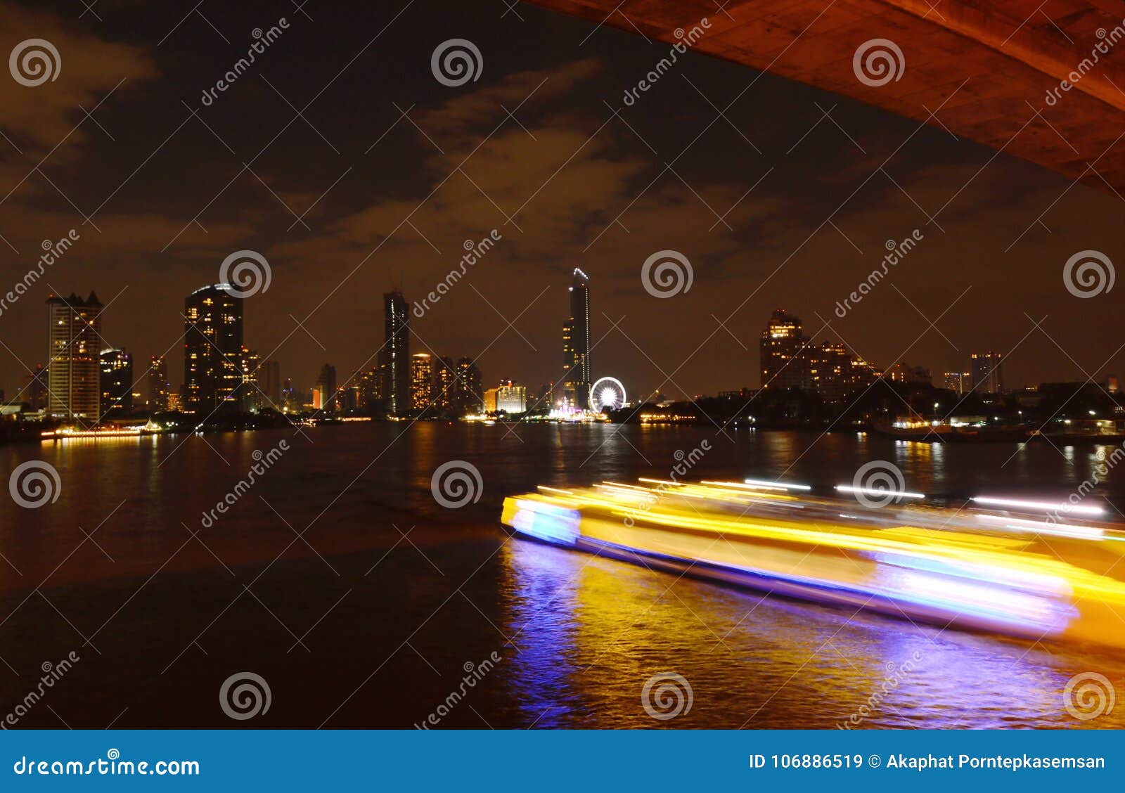 Blurry Light of Travel Ship Floating on River in Night Stock Image ...