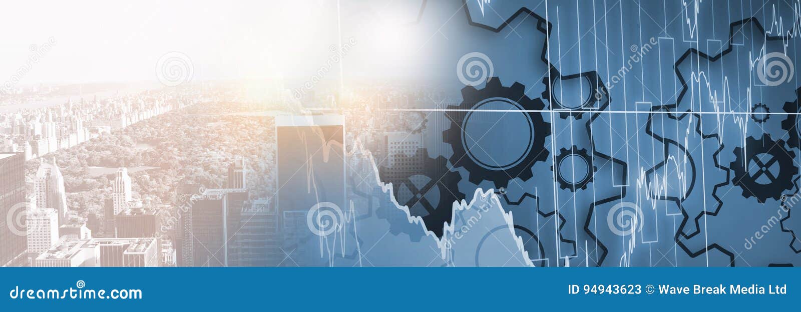 Blurry Skyline with Blue Cog and Finance Graph Transition Stock Image ...