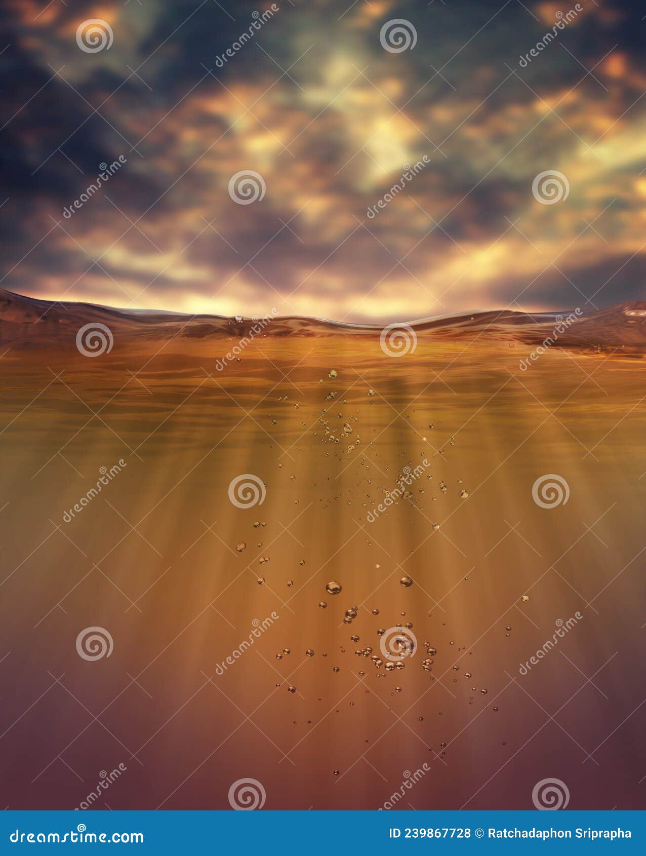 Blurry Sunset Sky with Deep Underwater and Sunbeem through Bottom in ...