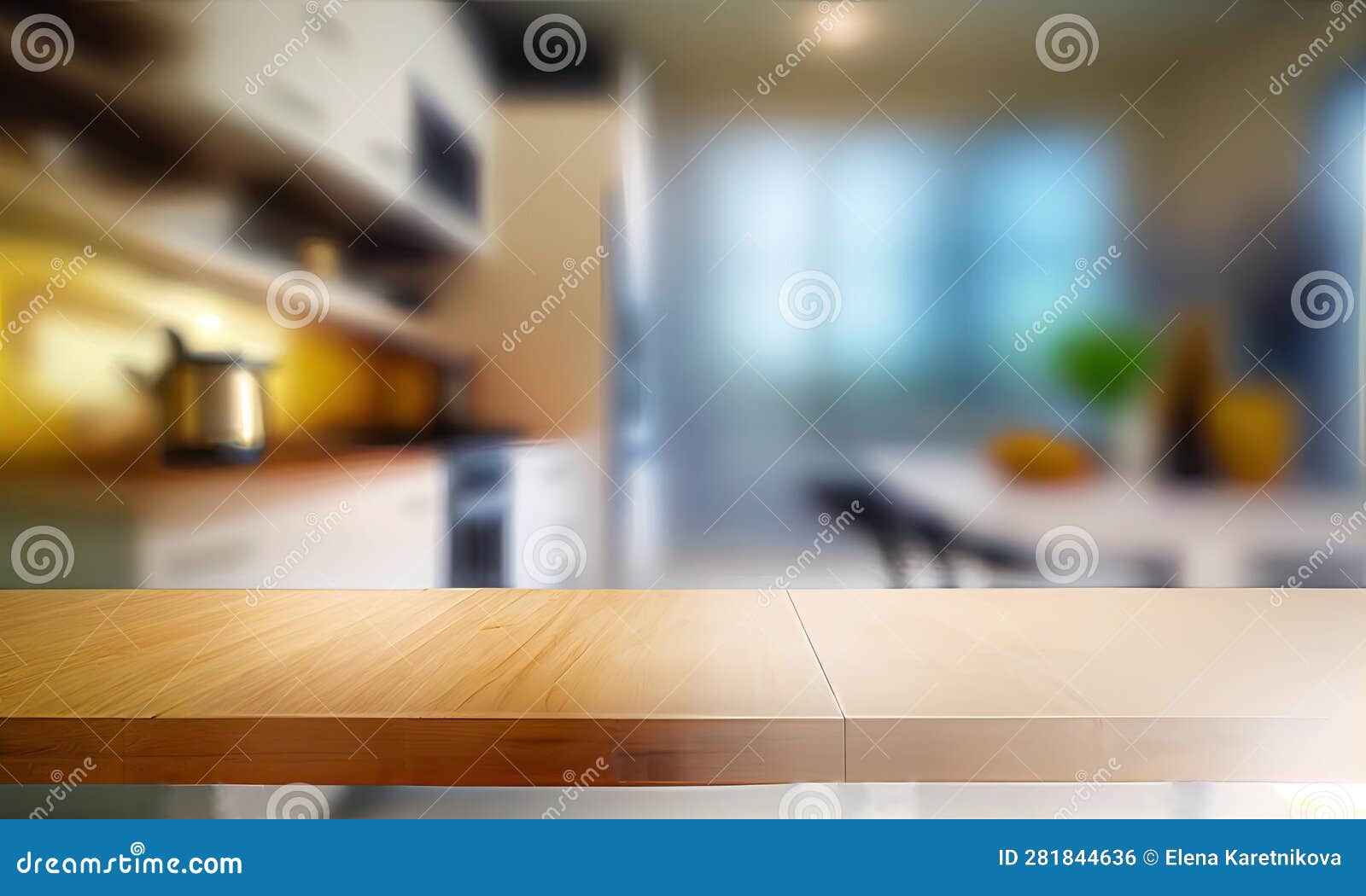 A Blurry Workplace in the Kitchen with an Empty Wooden Countertop in ...