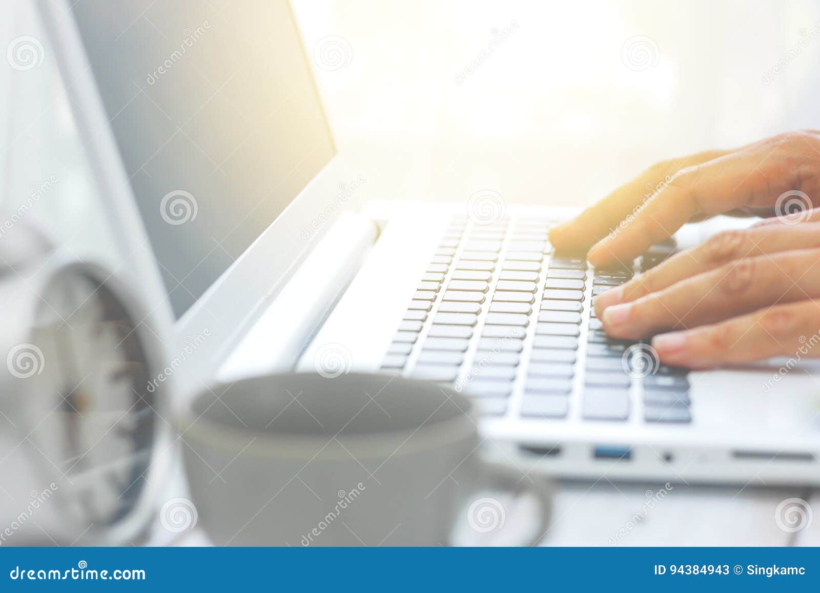 Blury Man Hand Using Notebook Computer at Home Stock Image - Image of ...