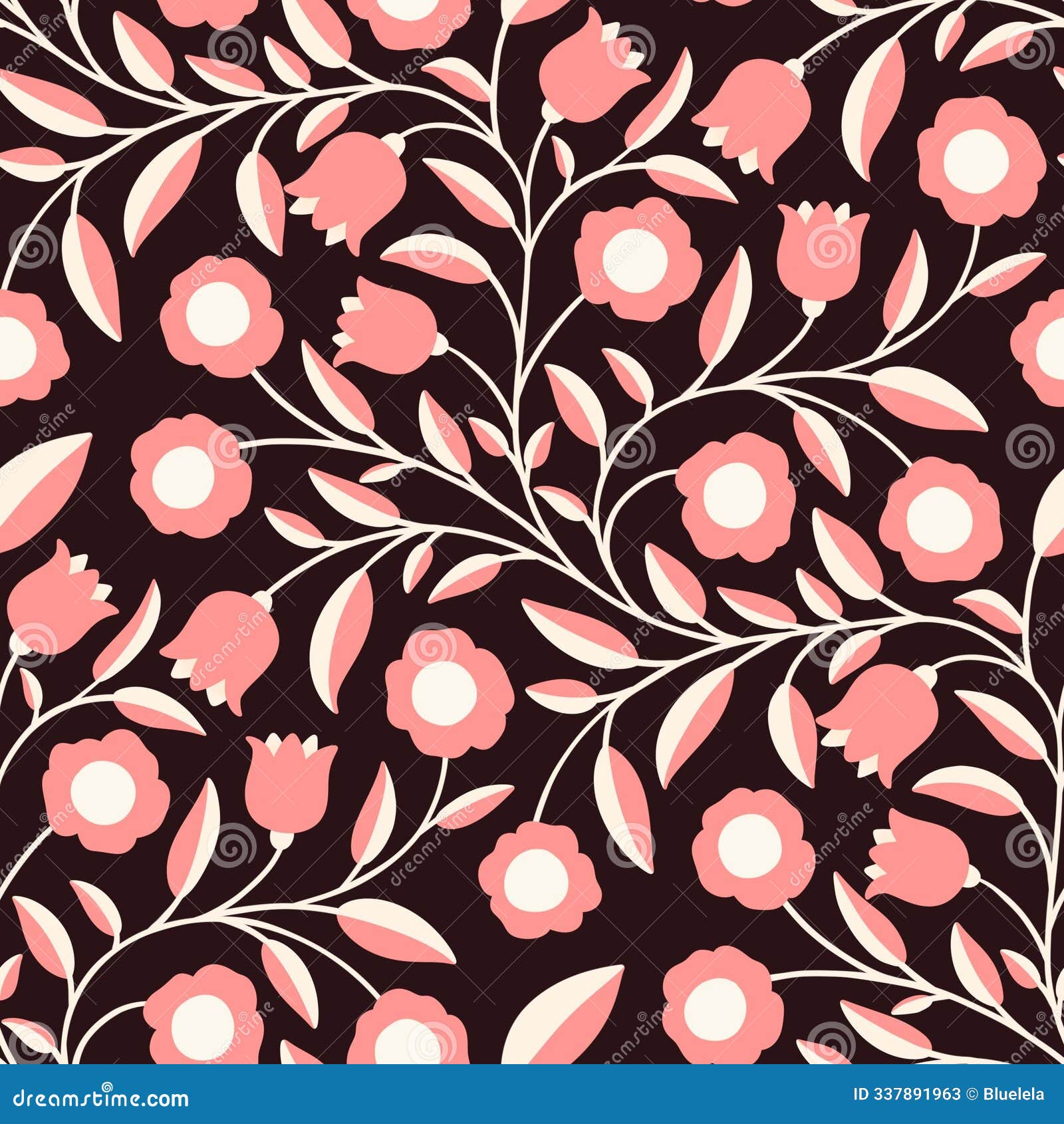 Blush Petals and Berry Leaves Seamless Pattern on Dark Brown Background Stock Illustration ...