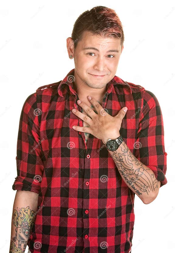 Blushing Man with Hand on Chest Stock Photo - Image of european ...