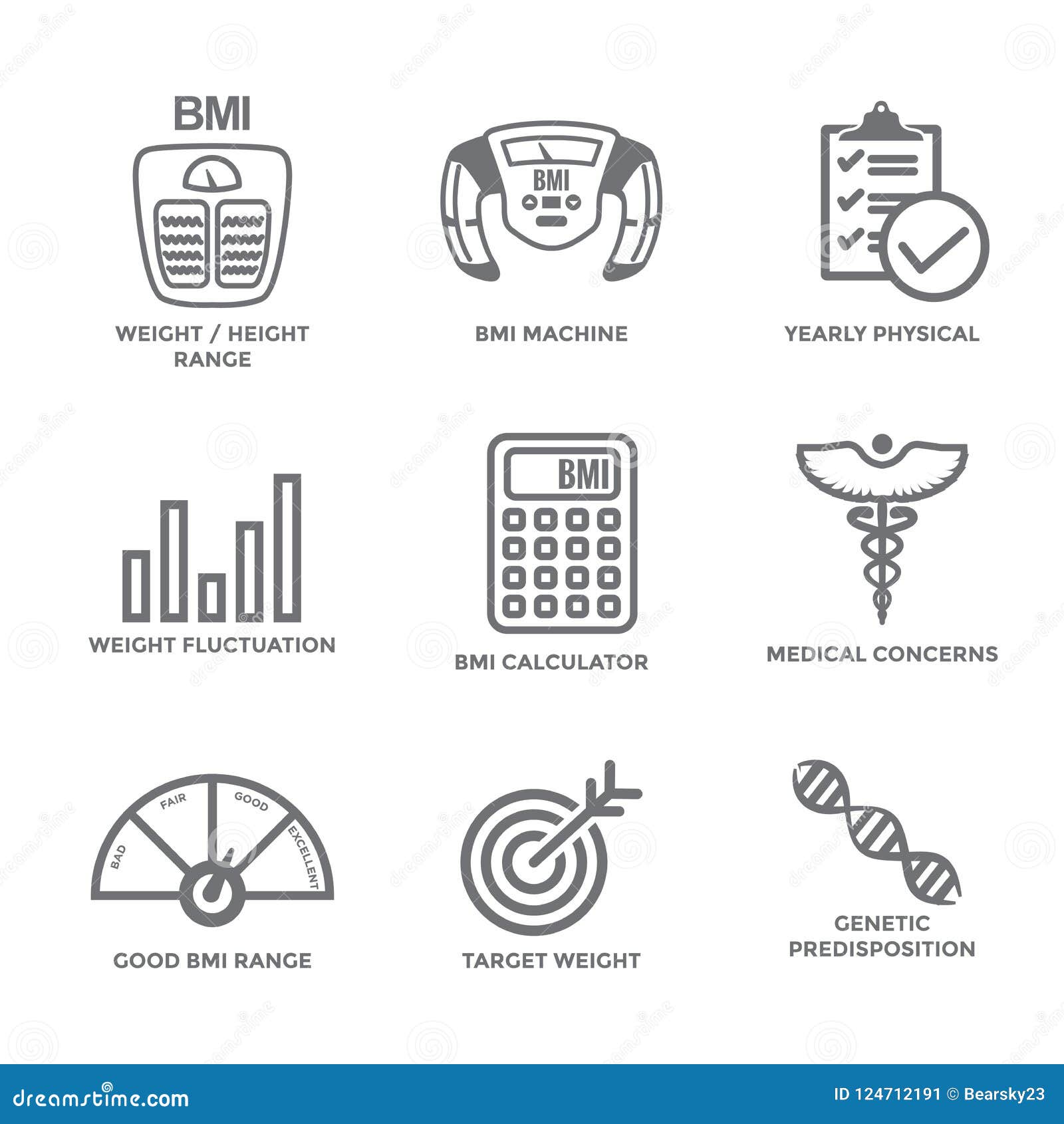 BMI - Body Mass Index Icon Set with BMI Machine, Weight Scale, E Stock ...
