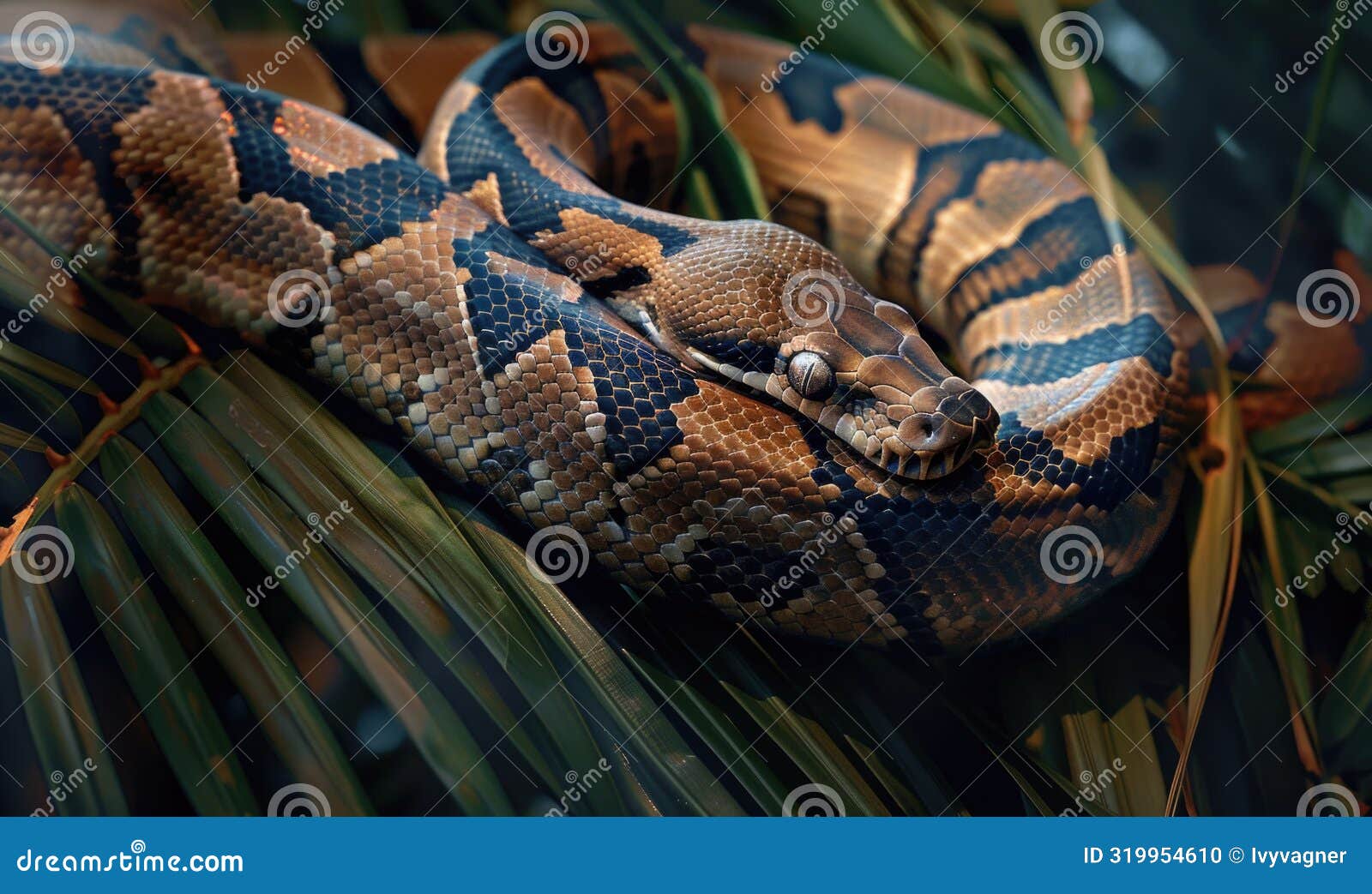 Boa Constrictor on Palm Leaves Stock Photo - Image of reptile, fauna ...