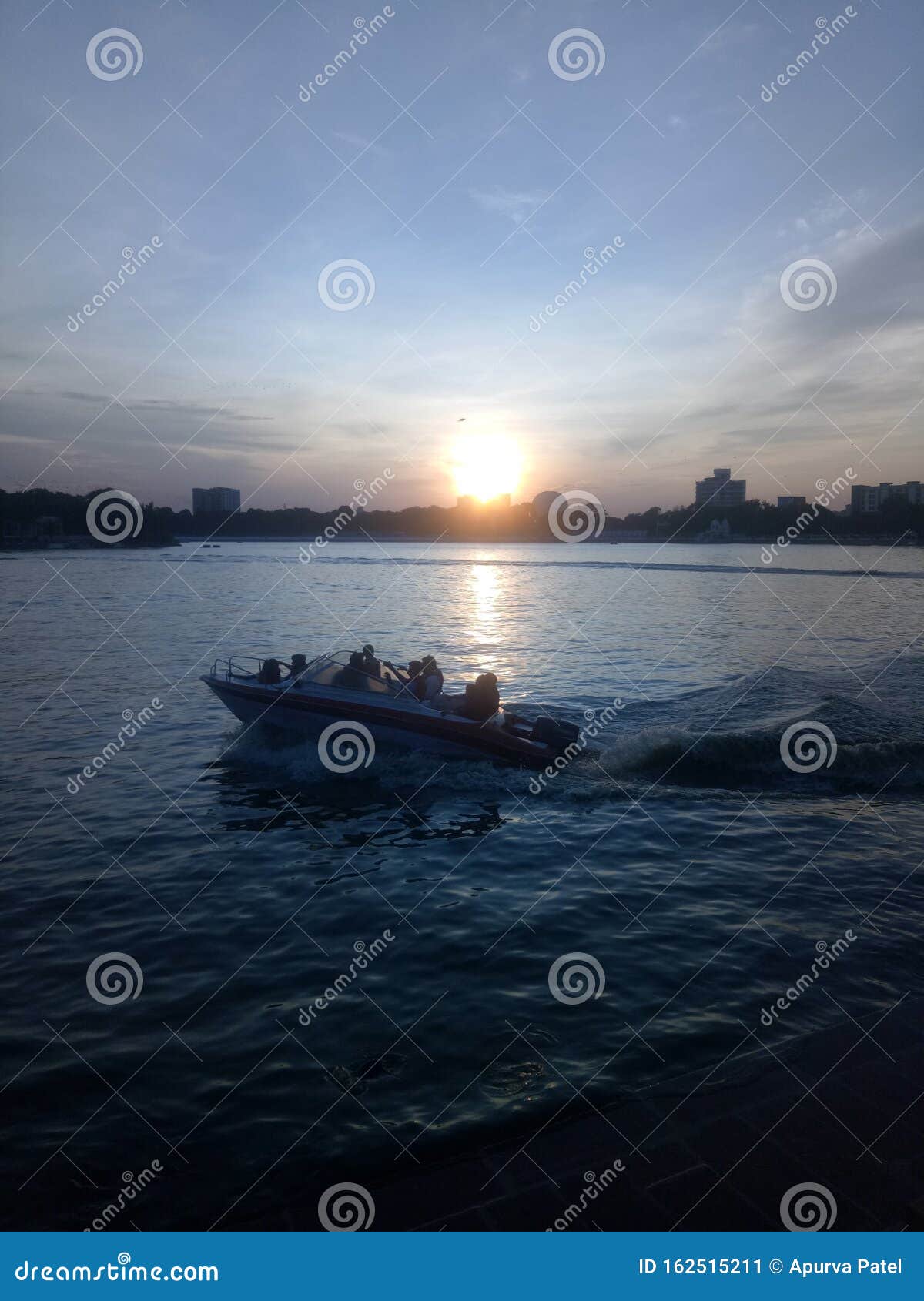 Speed Boat Riding on River in the City. Blue, Water. Sun. Stock Image ...