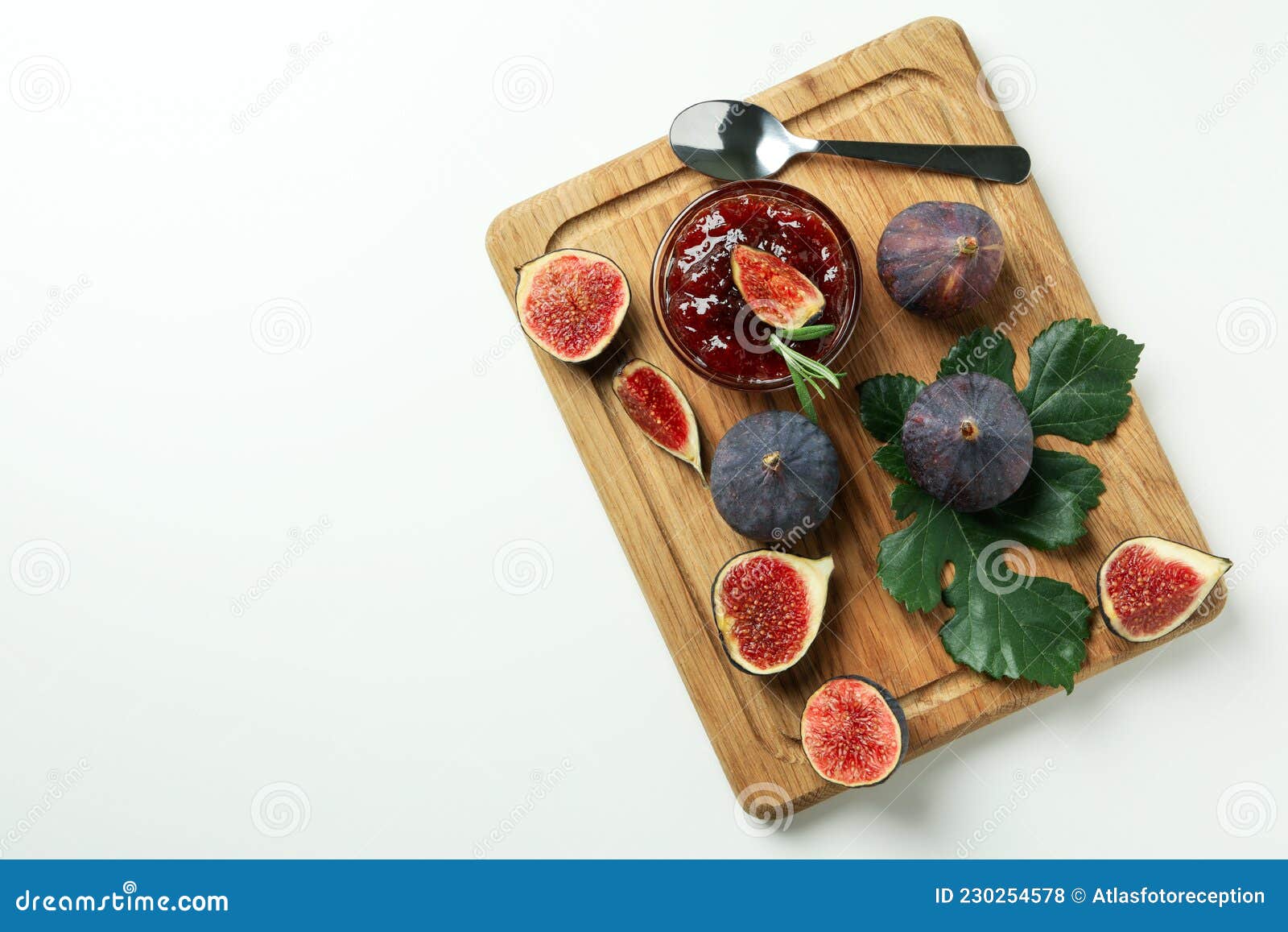 Board with Fig Jam, Ingredients and Spoon on White Background Stock ...