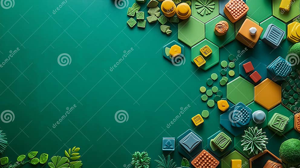 Colorful Board Game Elements on a Green Background, Including Hexagonal ...