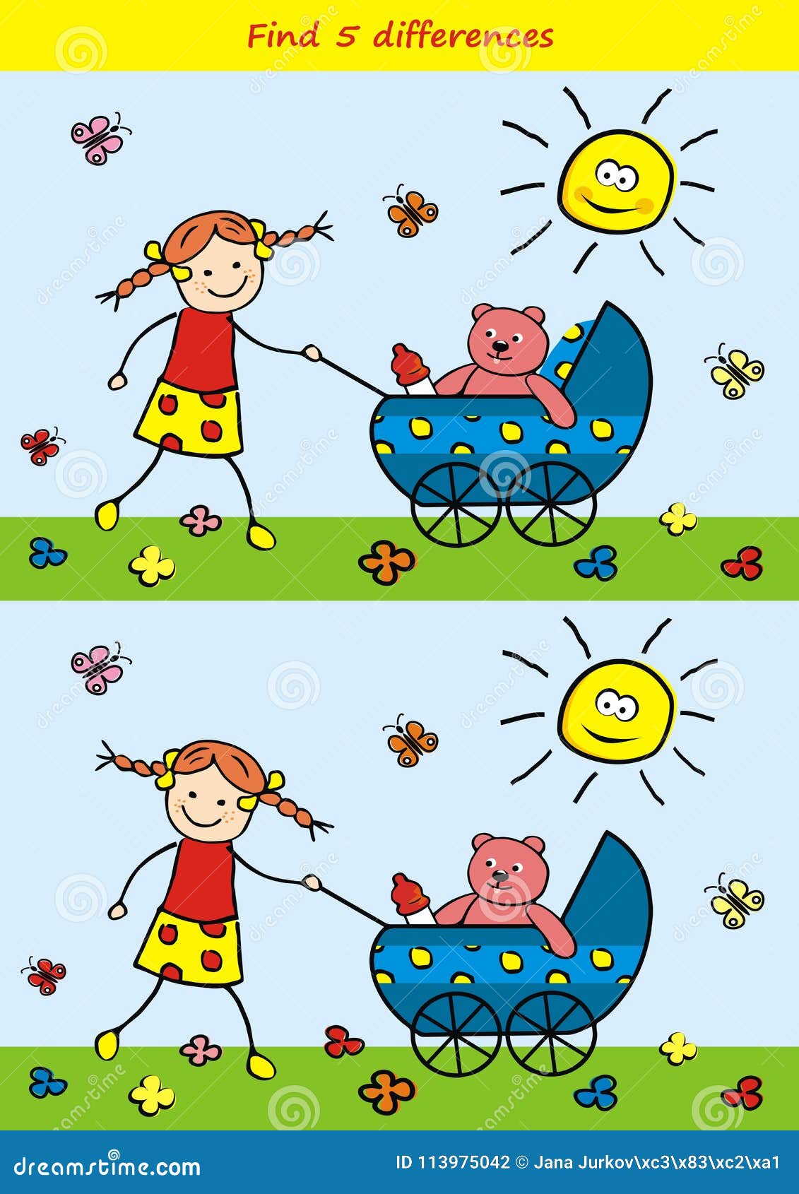 Board Game for Kids, Find Five Differences. Girl and Stroller with ... Board Game for Kids, Find Five Differences. Girl and Stroller with ...