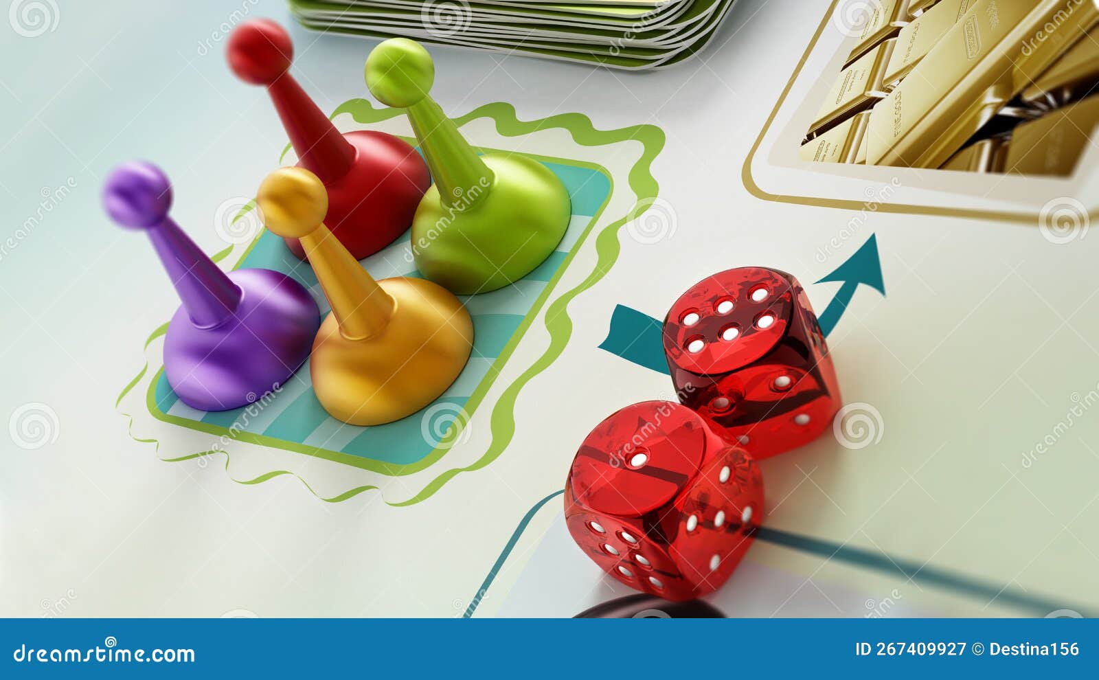 Board Game Pawns, Dices and Cards on Boardgame Table. 3D Illustration ...