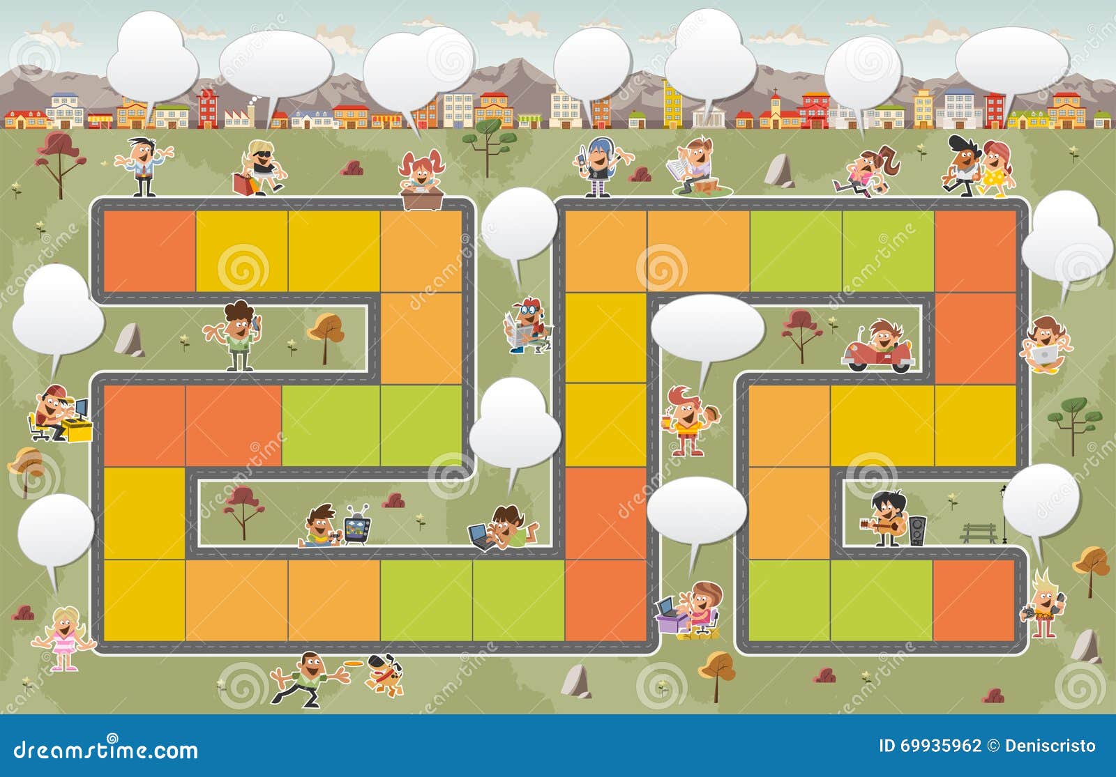 Board Game With A Block Path On A Yellow Park With Billboards. Cartoon ...