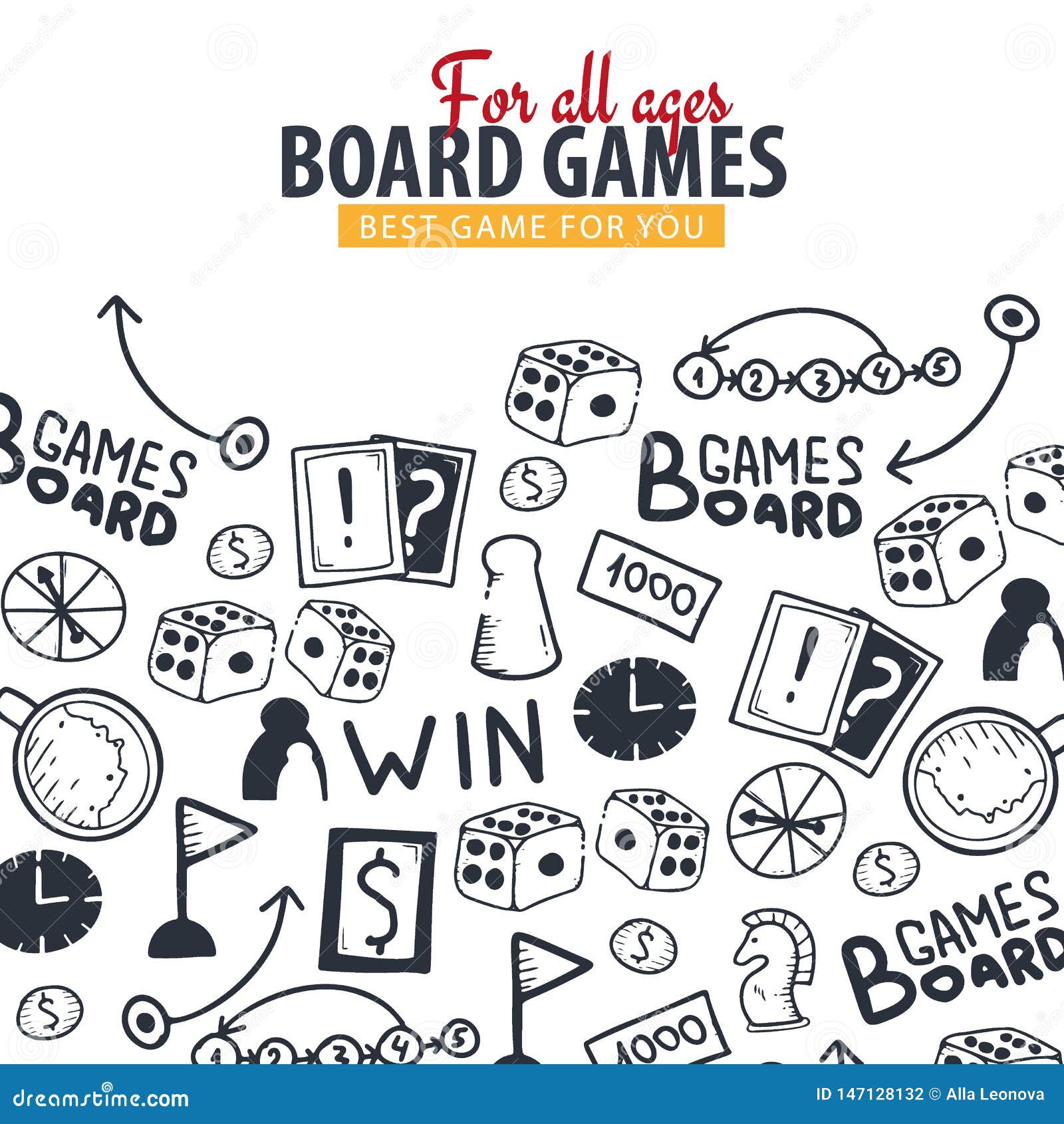 Board Games Banners. for All Ages. Hand Draw Doodle Background. Vector ...
