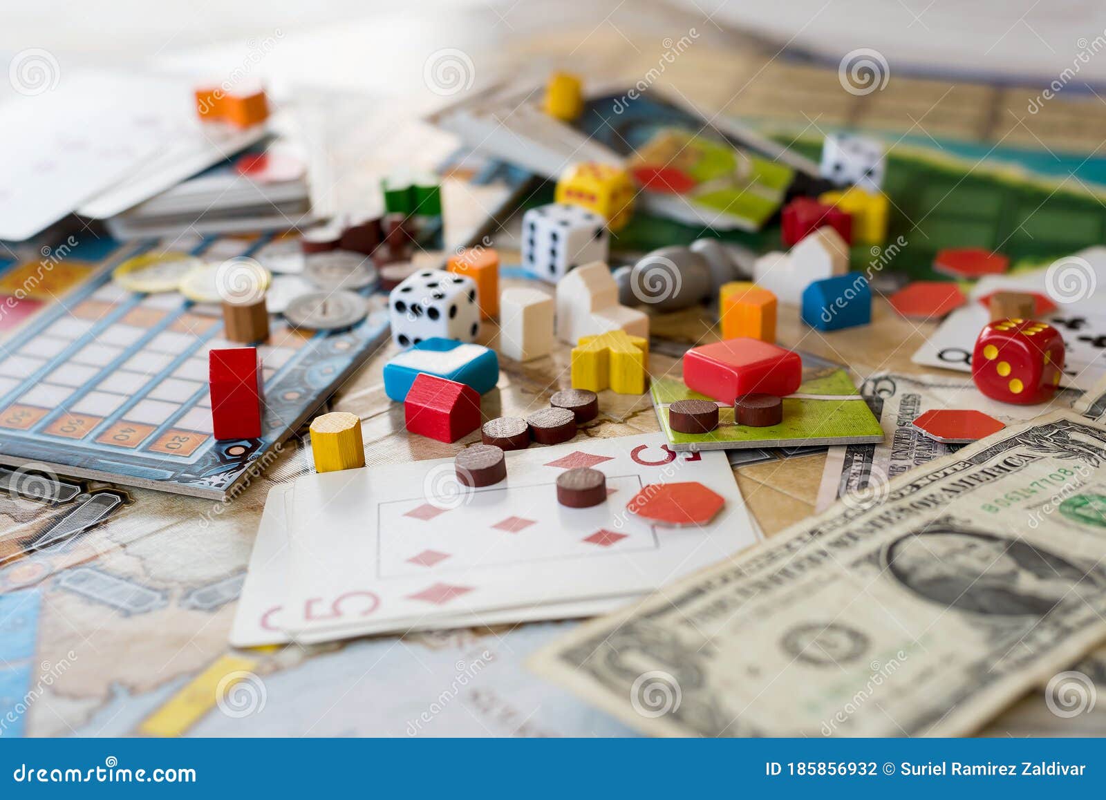 Gaming and Gambling Board Games, Coins, Bills, Dice and Cards Stock ...