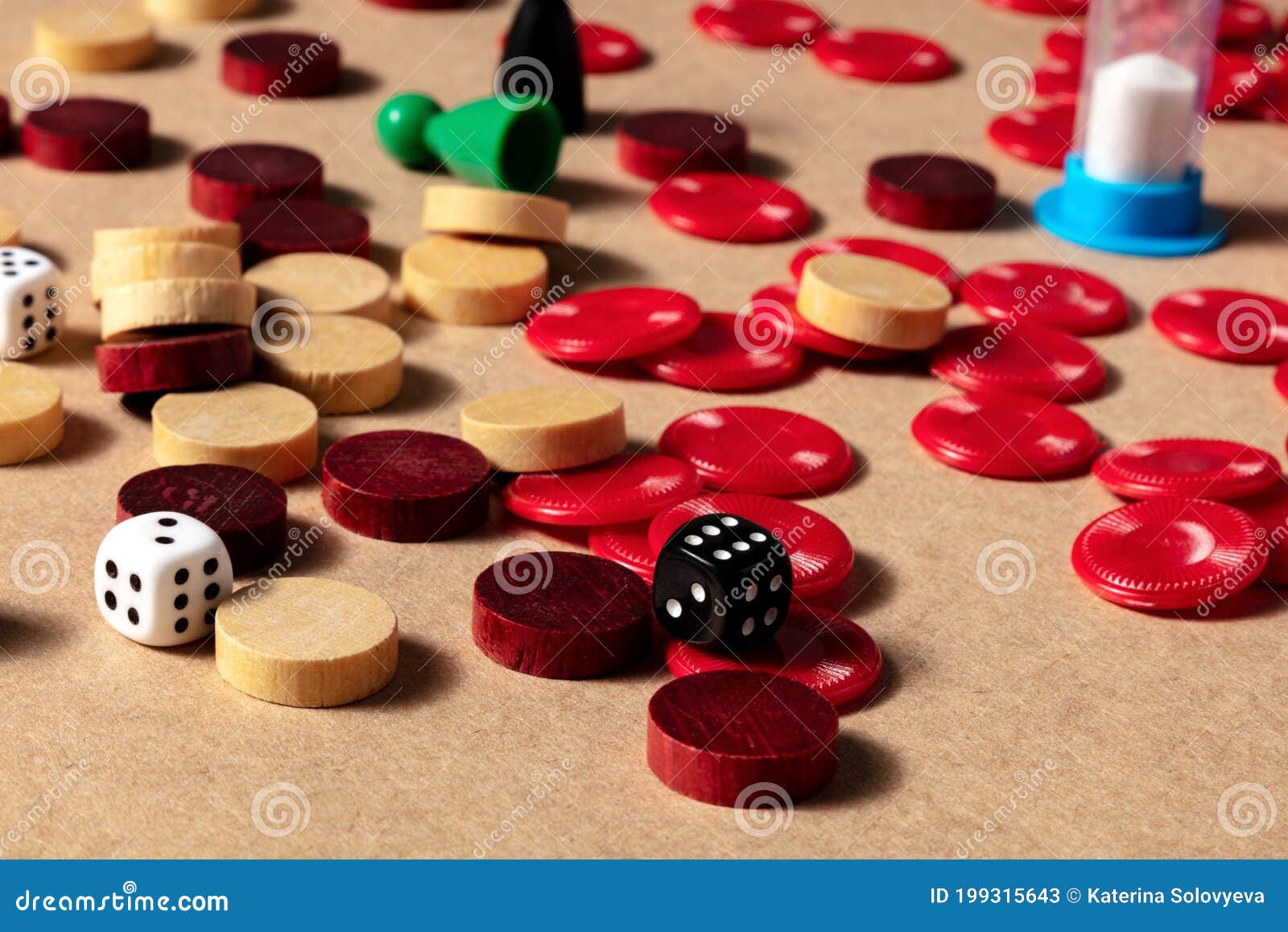 Board Games Concept, Various Pieces and Dice, Scattered on a Table ...