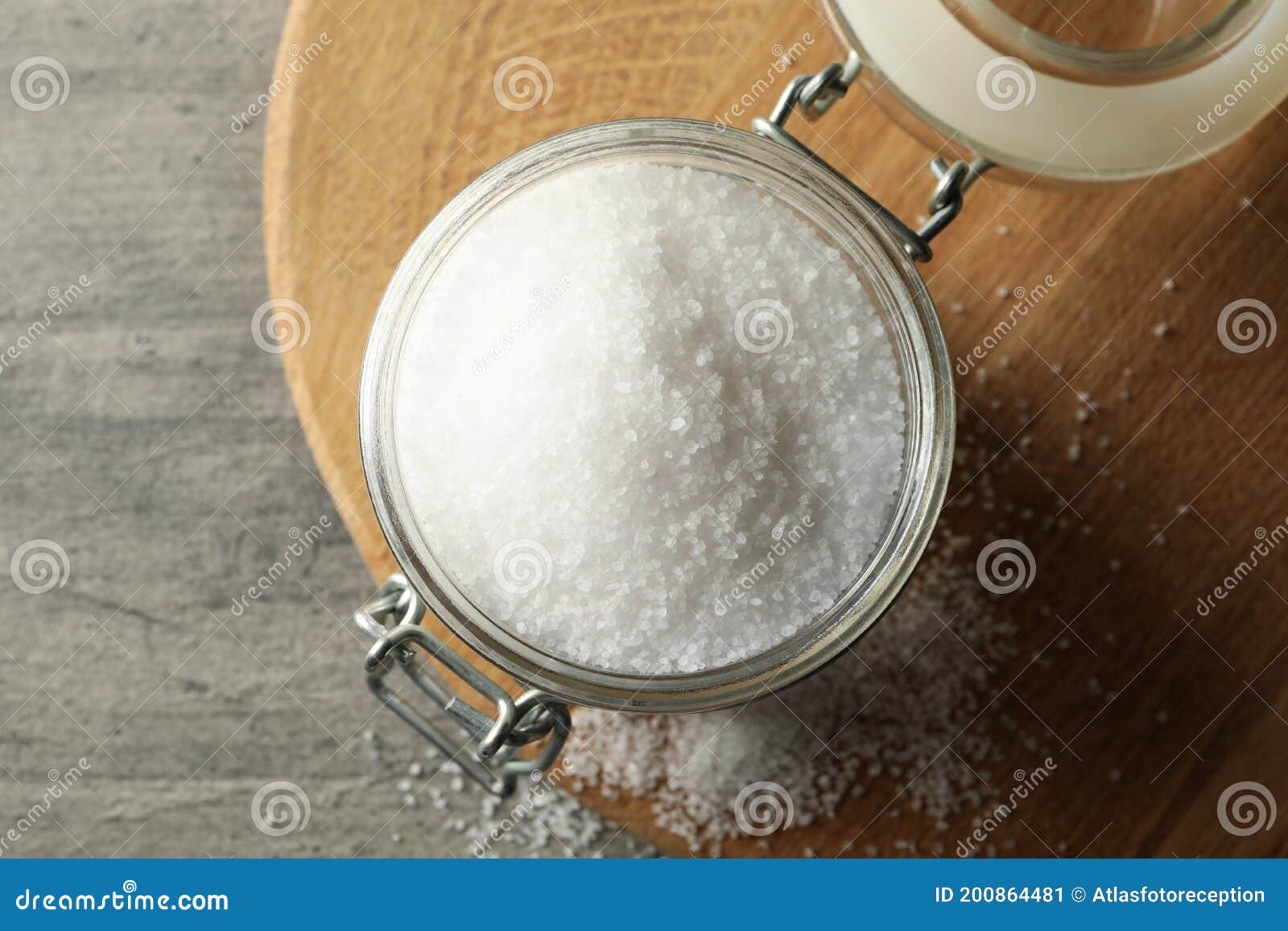 Board with Glass Jar of Salt on Gray Table Stock Image - Image of ...
