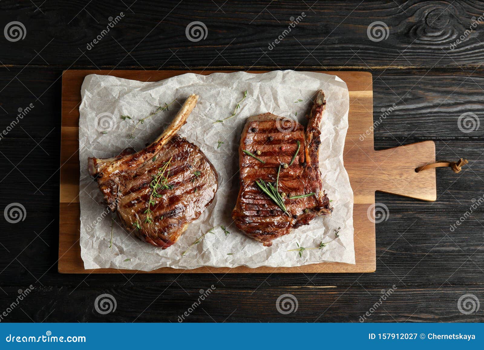 Board with Grilled Meat on Table, Top View Stock Image - Image of ...