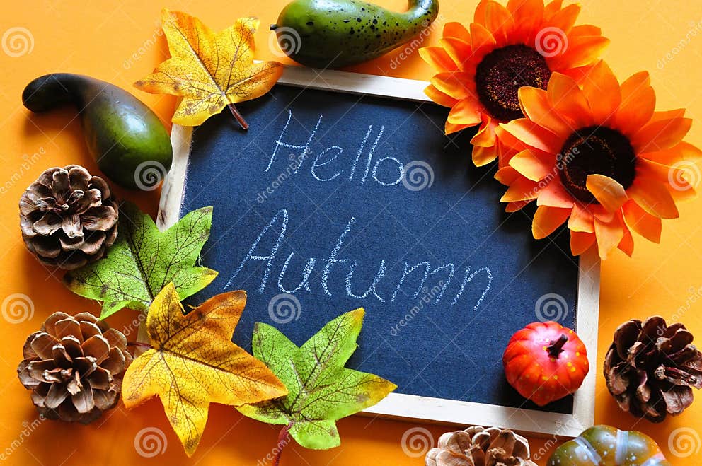 Board with Hello Autumn Write between Decorations Stock Image - Image ...