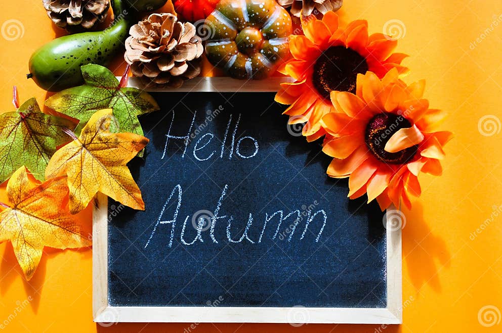 Board with Hello Autumn Write Stock Photo - Image of gift, centrepiece ...