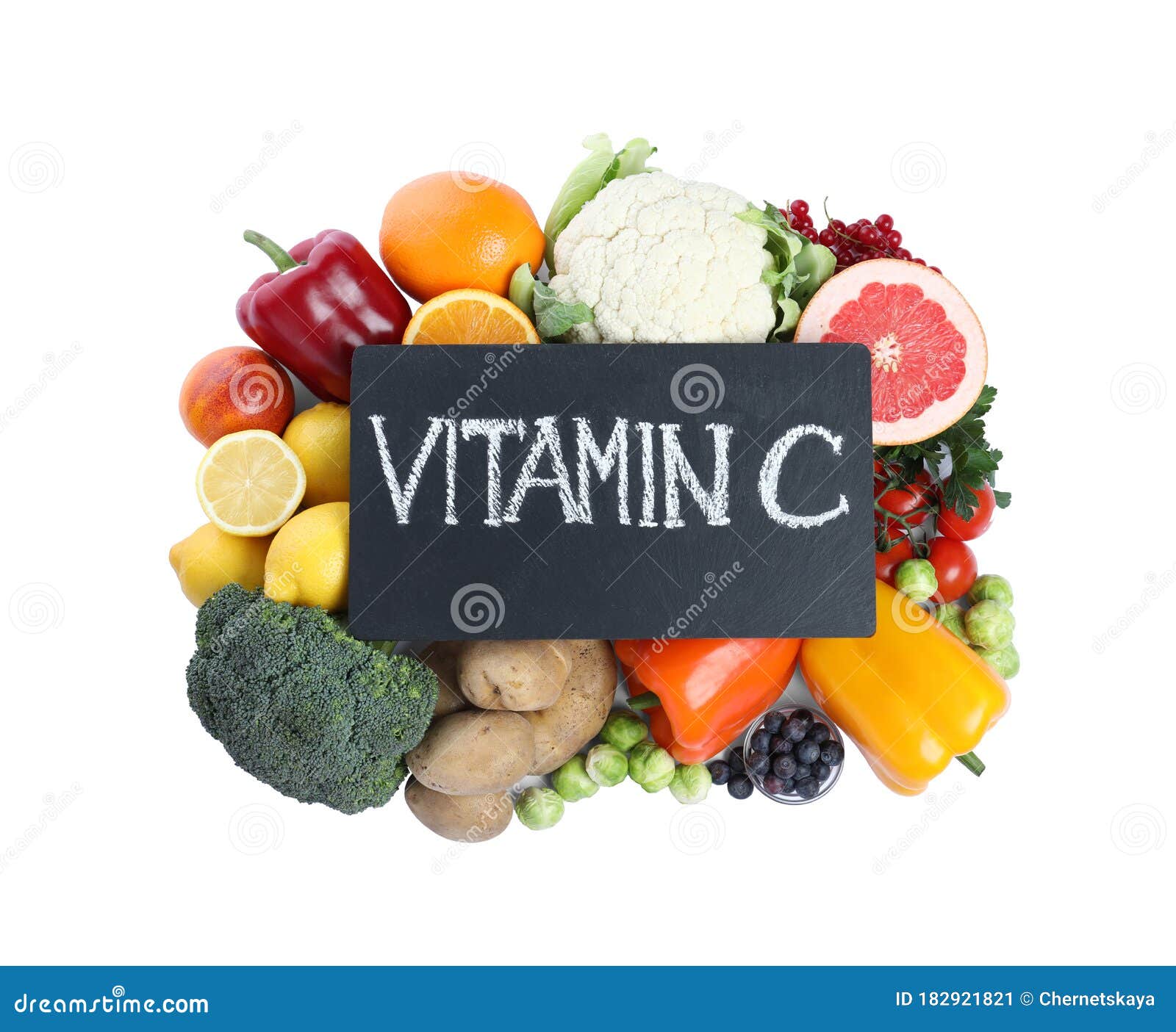 Board with Phrase VITAMIN C and Fresh Products on Background, Top View ...
