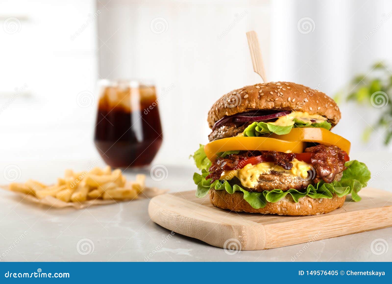Board with Tasty Burger on Table Stock Image - Image of burger, drink ...