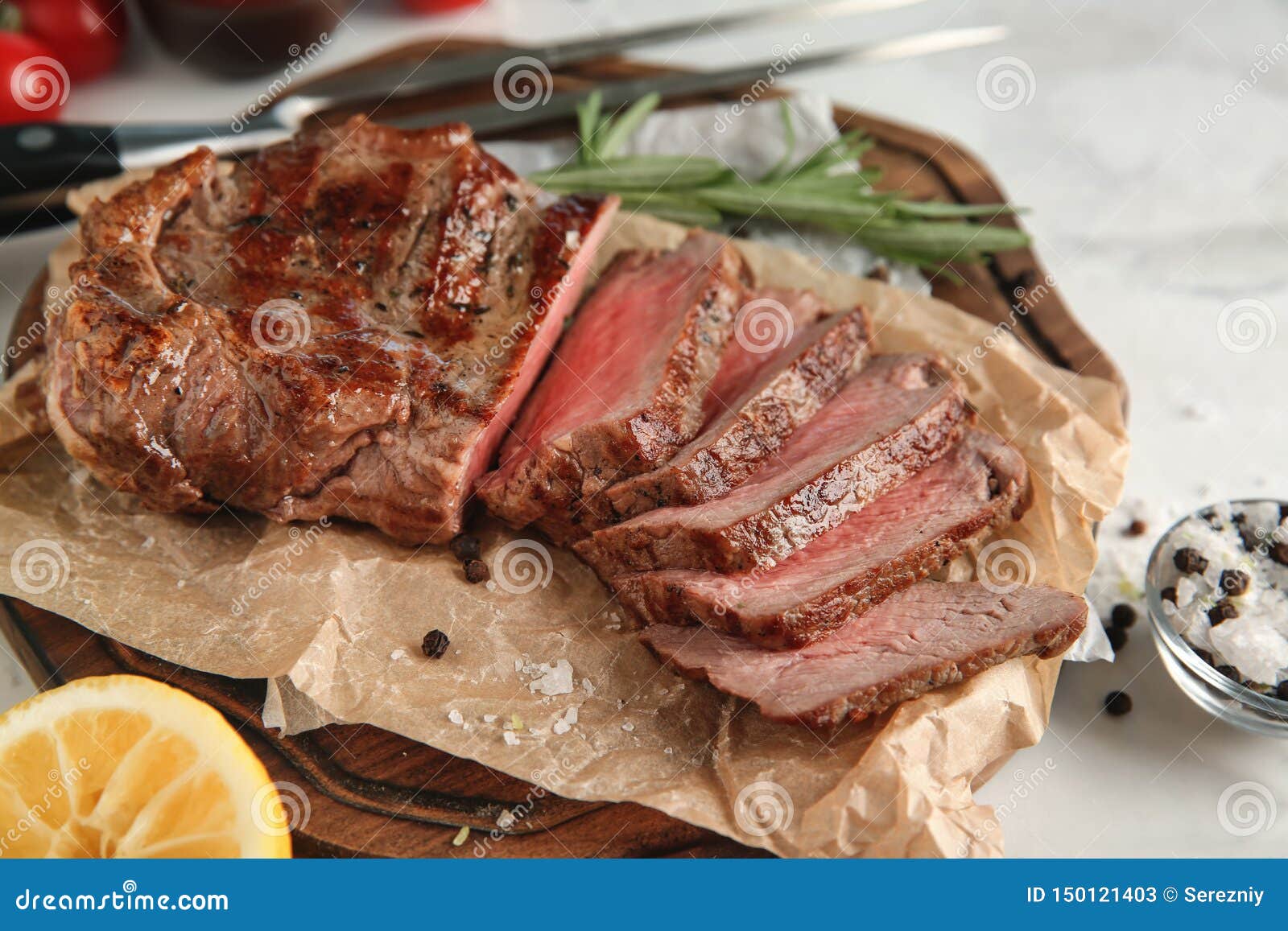Board with Tasty Grilled Steak on Table Stock Image - Image of culinary ...