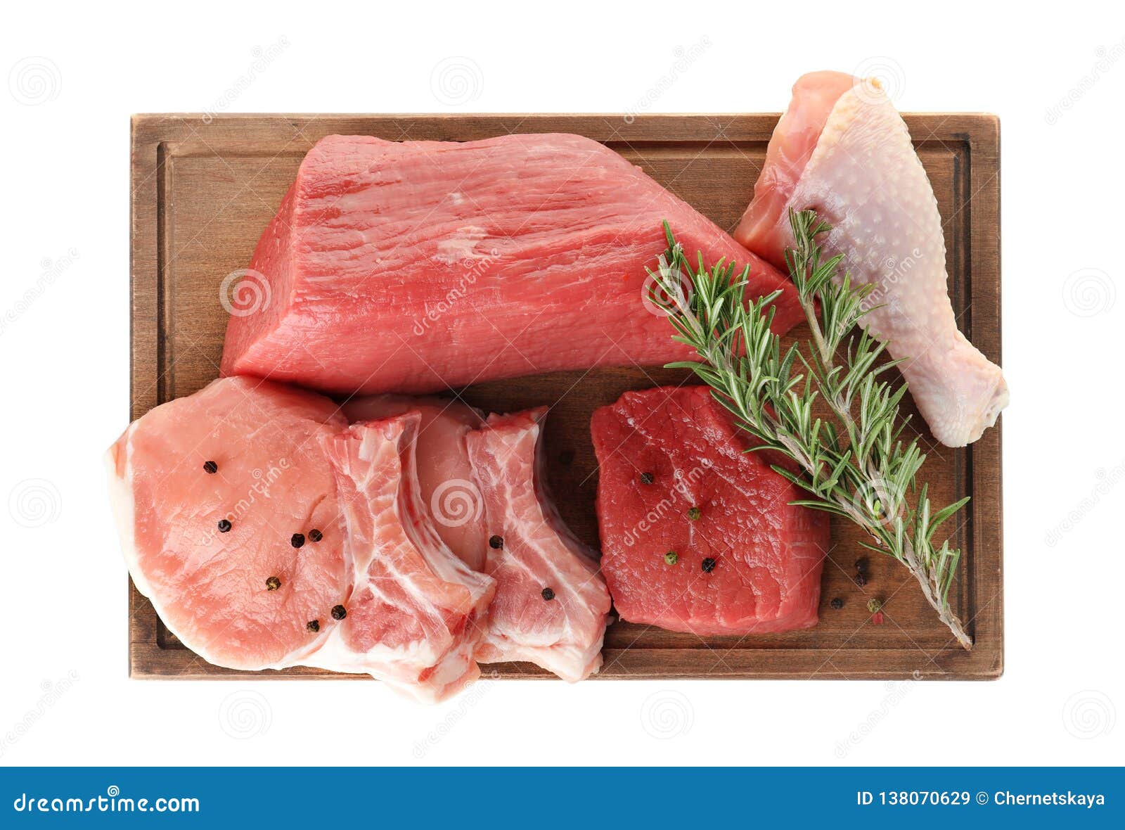 Raw Meats On White Background- Roast Beef, Sausage, Minced Beef ...