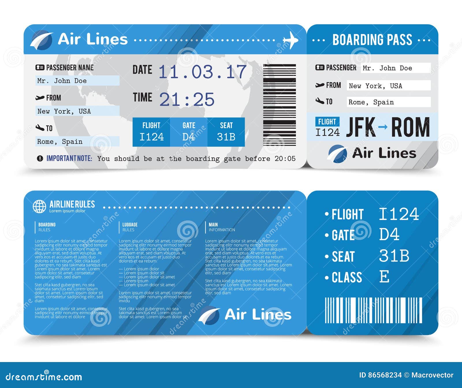 Realistic Boarding Pass. Airplane Ticket Template, Flight Blank ...