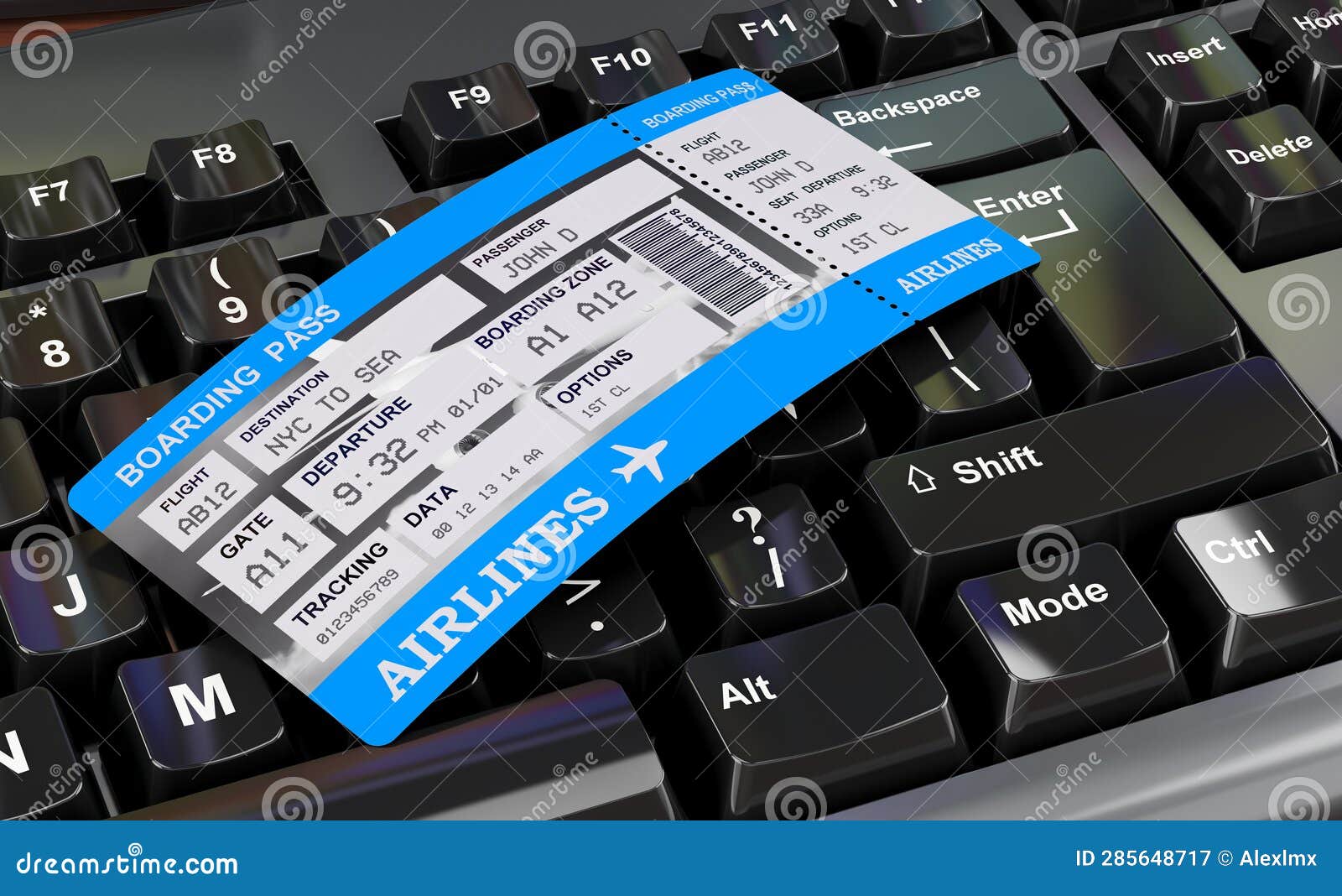 Boarding Pass Tickets on Computer Keyboard Concept, 3D Rendering Stock ...