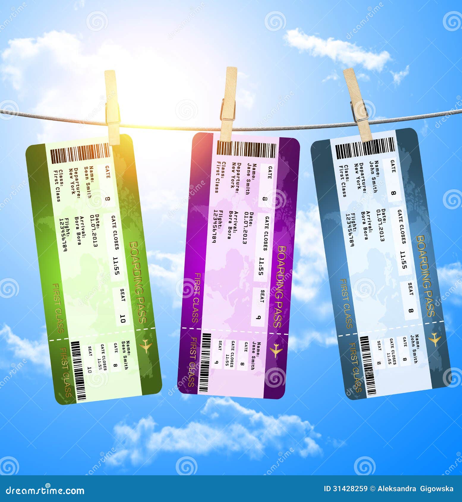 Boarding Pass Tickets Hanging on Clothesline Over Blue Sky Stock ...