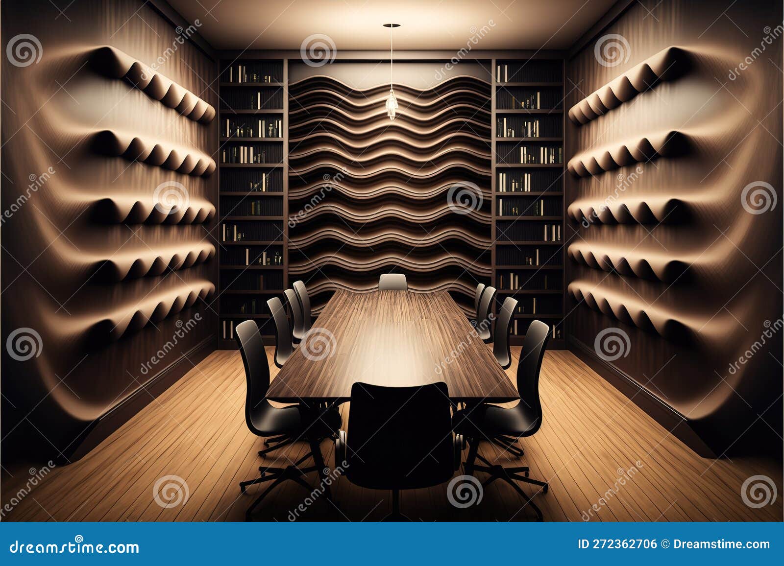 Boardroom Interior with Wave Pattern Wall, Wooden Floor, Long Table ...