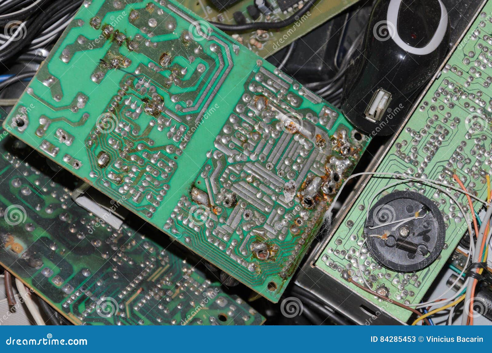 Boards and Circuits Burnt with Some Cables Around Stock Image - Image ...