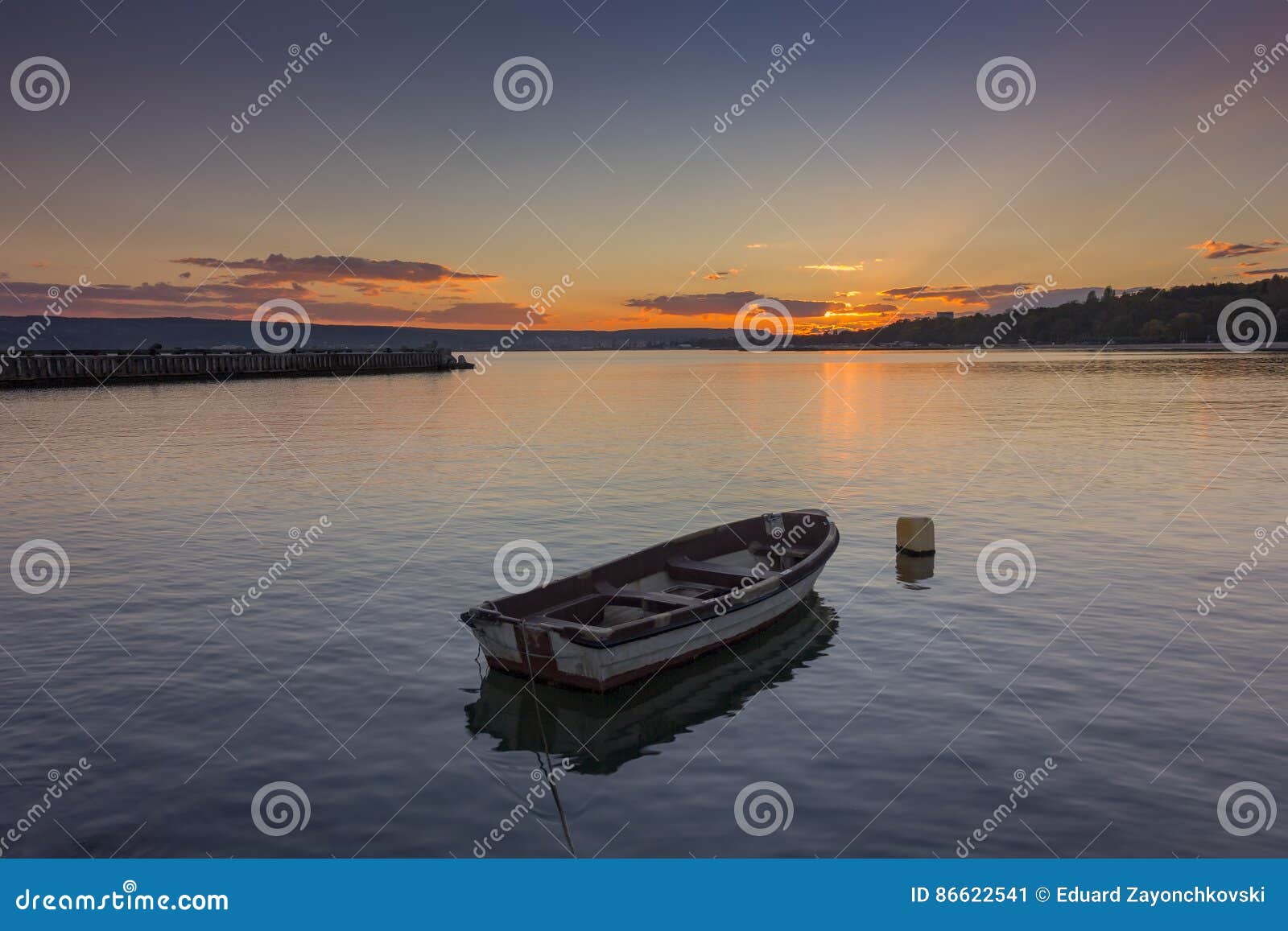 Boat in Calm Water at Sunset Stock Image - Image of coast, beautiful ...
