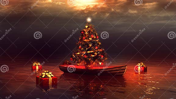 Boat and christmas tree stock illustration. Illustration of artwork ...